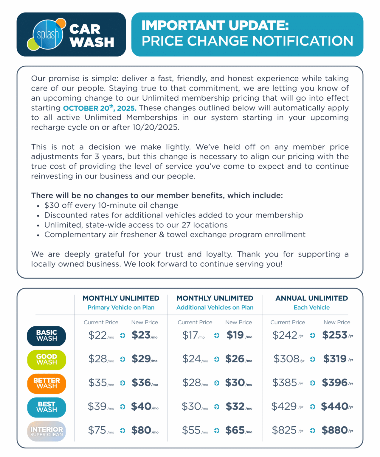 Price Change | Splash Car Wash